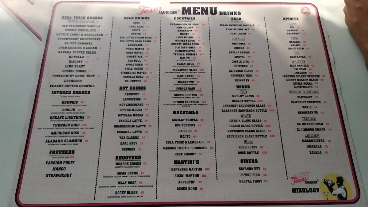 Menu at Texas American Glen Ashley restaurant, Durban