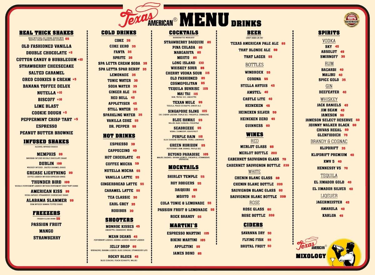 Menu at Texas American restaurant, Durban