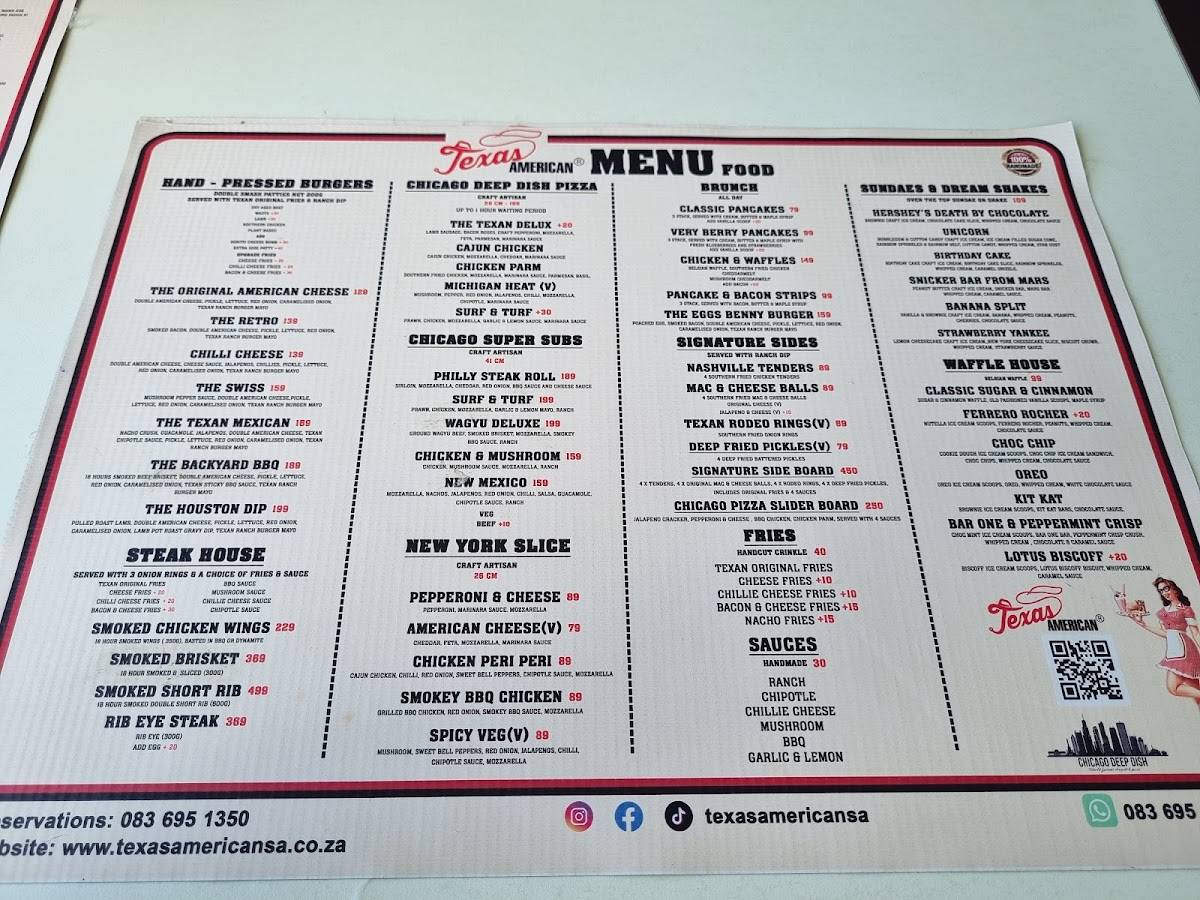 Menu at Texas American Glen Ashley restaurant, Durban