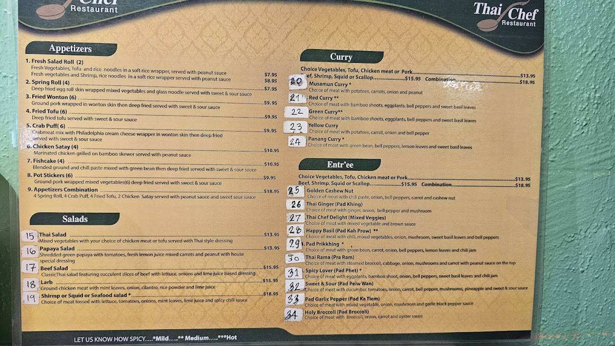 Menu at Thai Chef restaurant, Oregon City