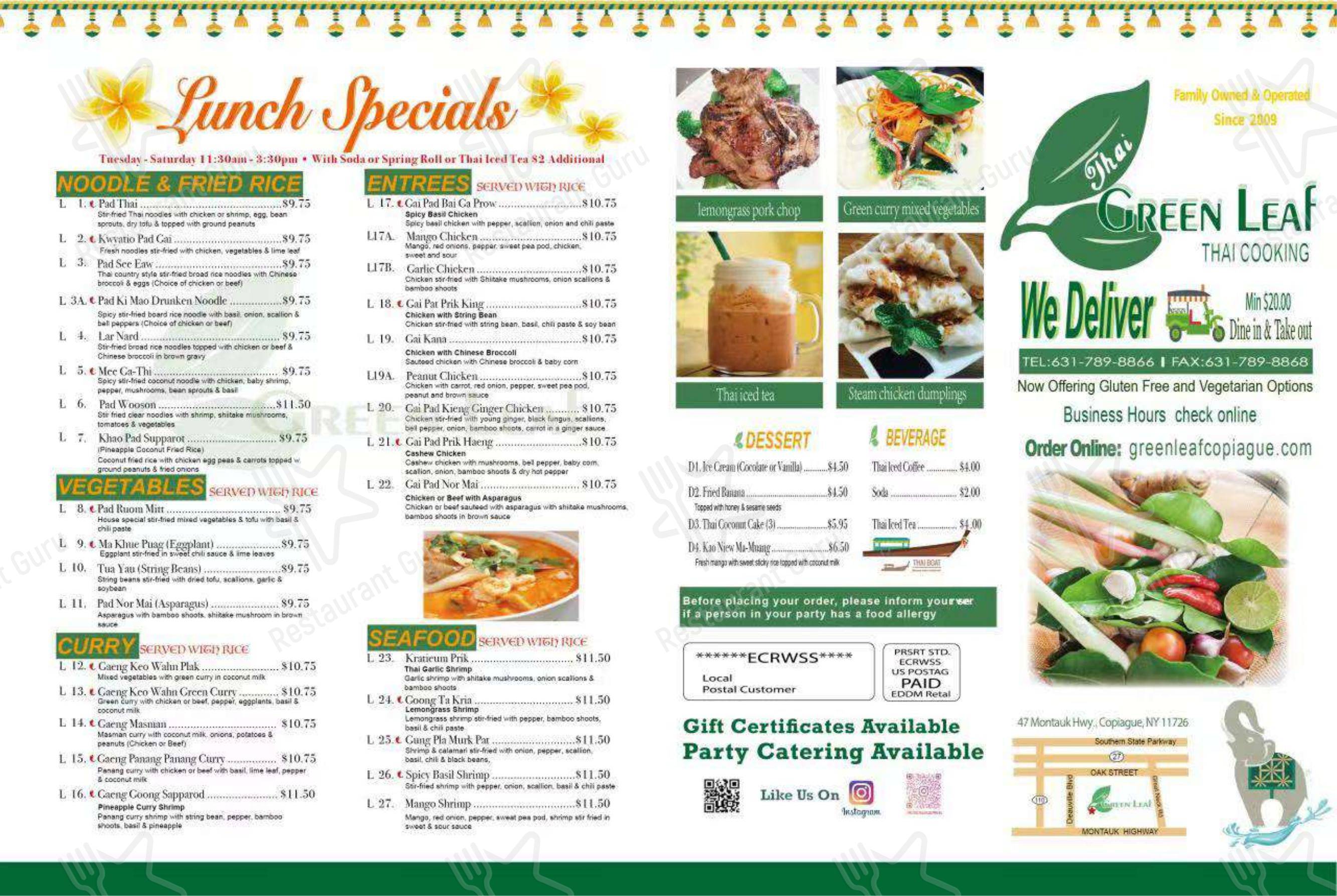 Carta del restaurante Thai Green Leaf, Copiague, 47 Montauk Hwy