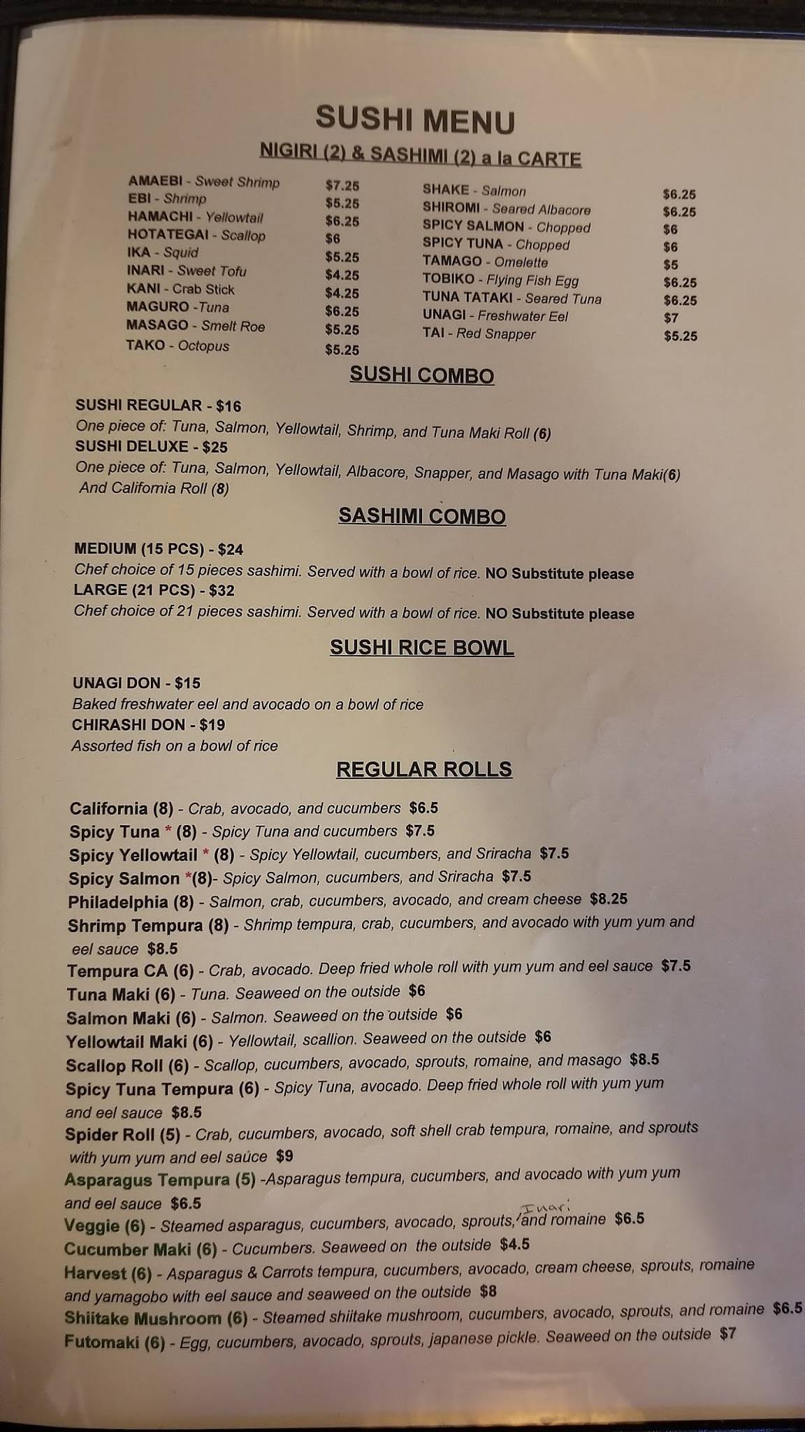 Menu at Thai Nigiri Restaurant, Sandpoint