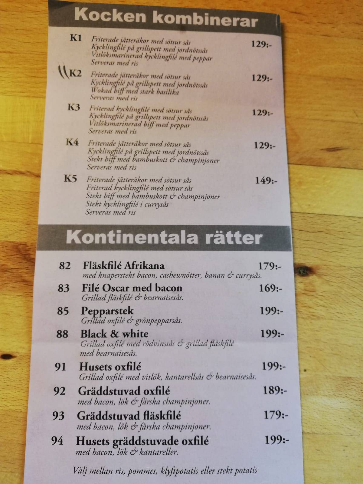Menu at Thai Palace restaurant, Älmhult