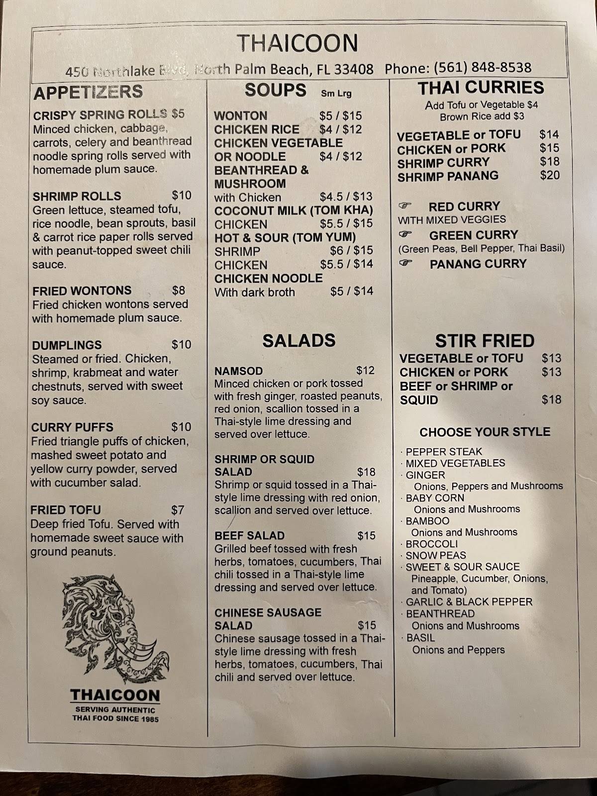 Menu at Thaicoon Restaurant, North Palm Beach