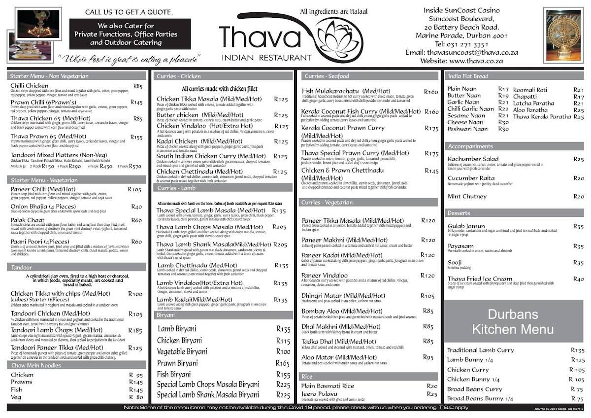 Menu at Thava Suncoast restaurant, Durban