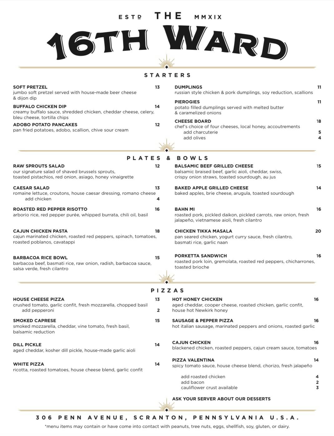 Menu at The 16th Ward pub & bar, Scranton