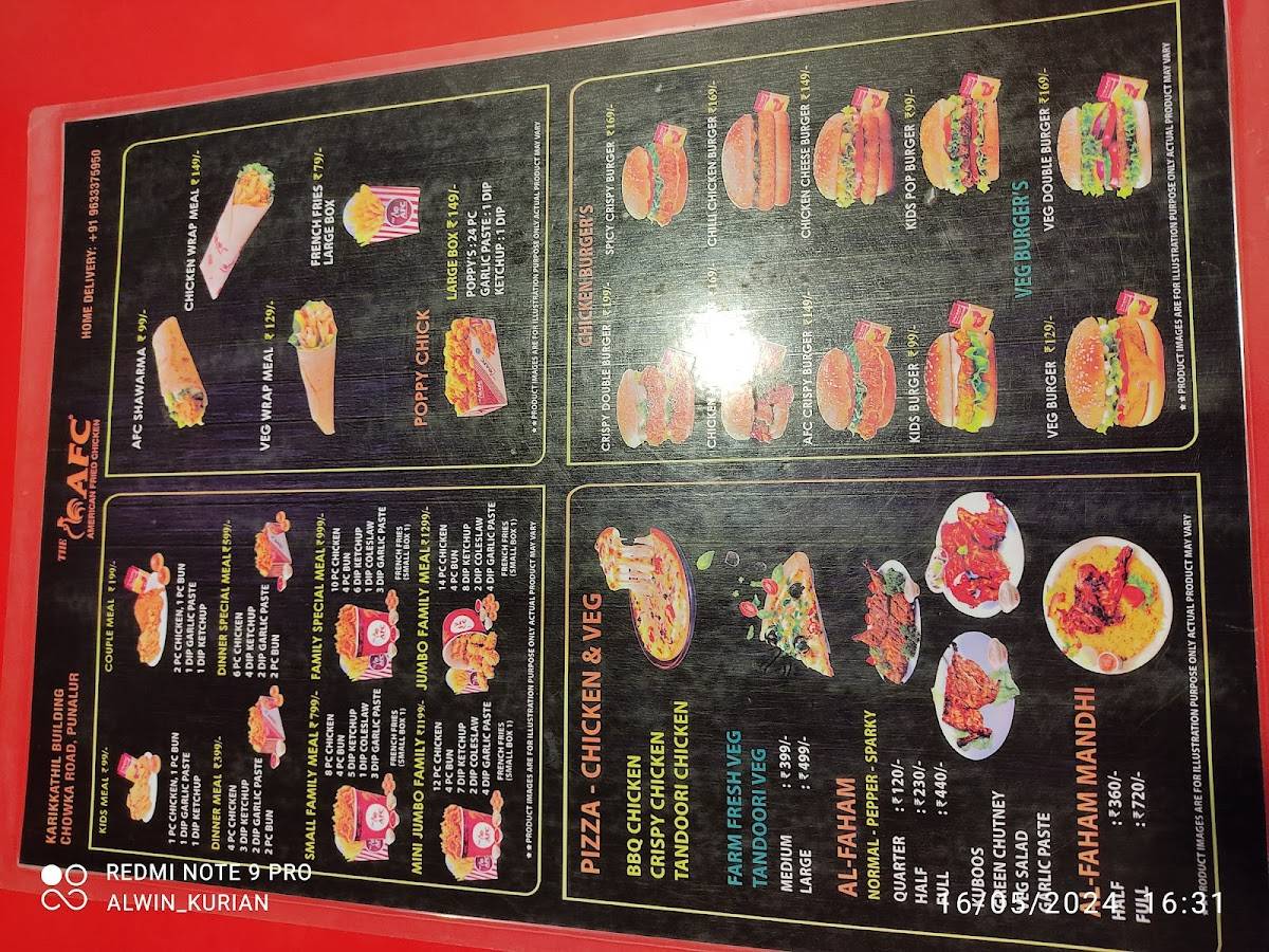 Menu at The AFC American Fried Chicken Punalur, Punalur
