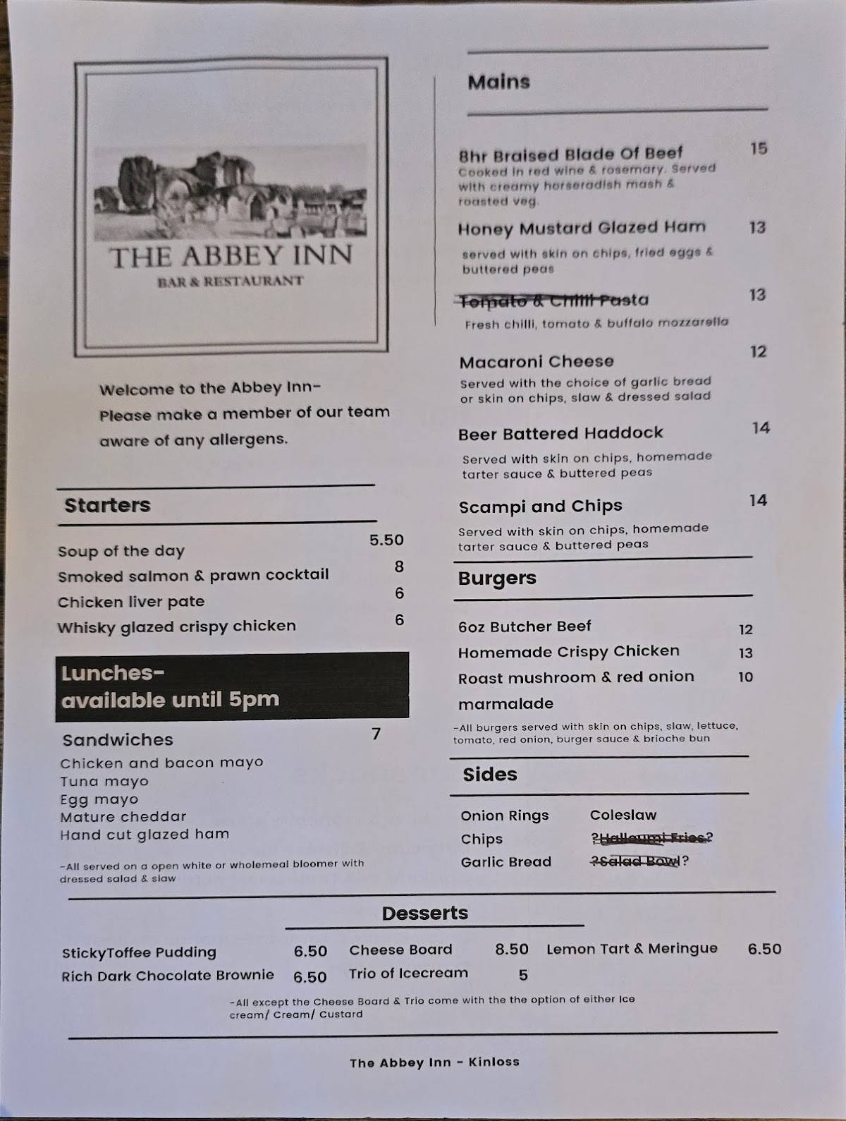 Menu at The Abbey Inn pub & bar, Kinloss, Findhorn Rd