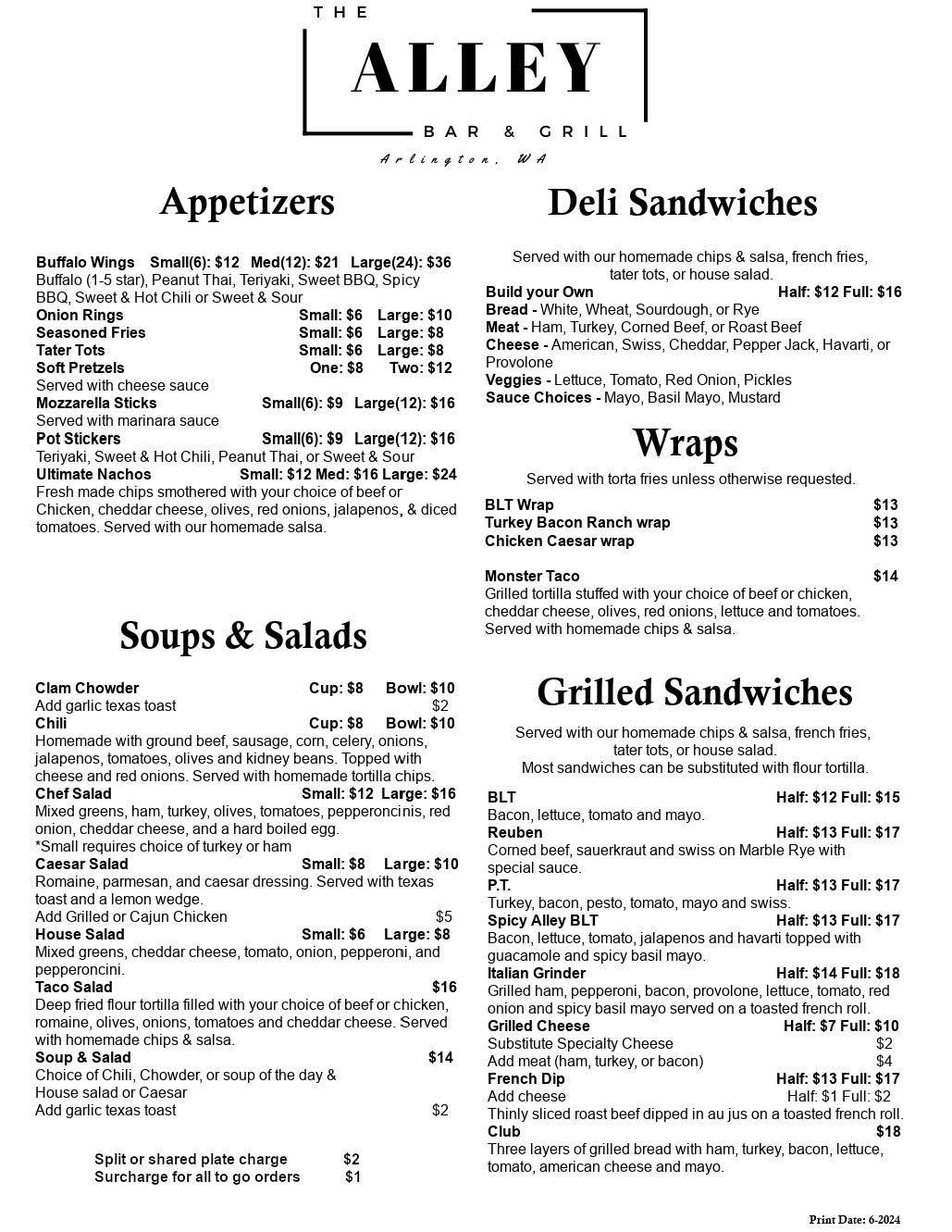 Menu at The Alley Bar & Grill, Arlington