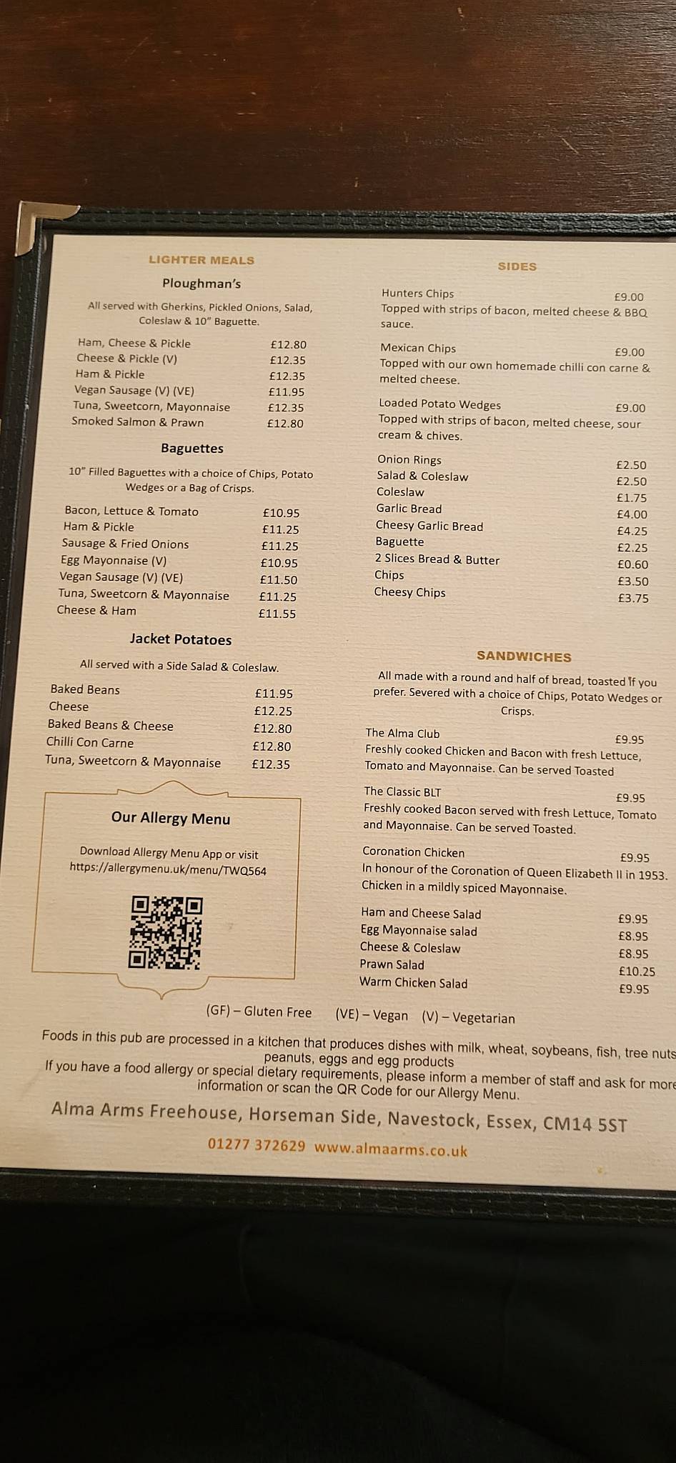 Menu at The Alma Arms Freehouse pub & bar, Navestock