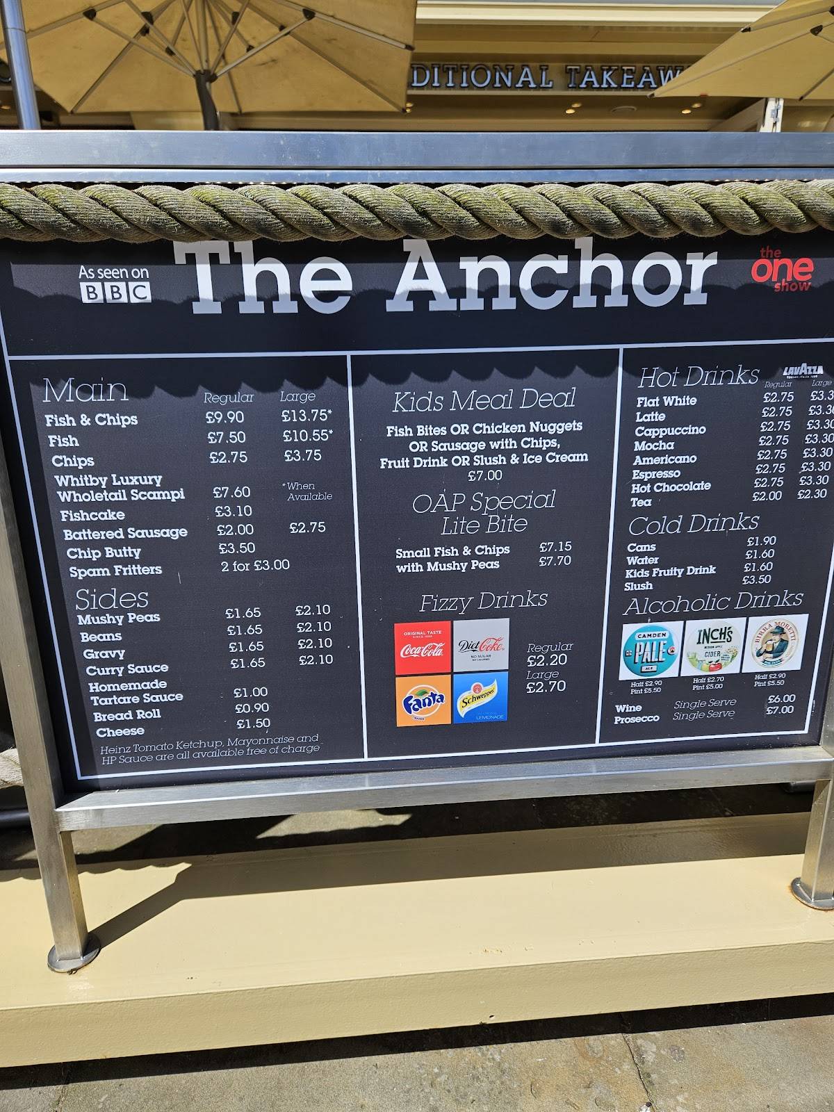 Menu at The Anchor Fish & Chips restaurant, Scarborough