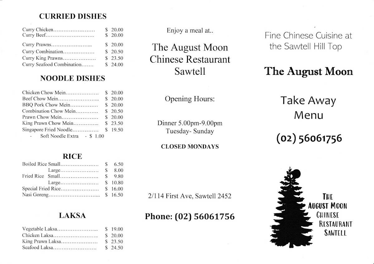 Menu at The August Moon Sawtell restaurant, Sawtell