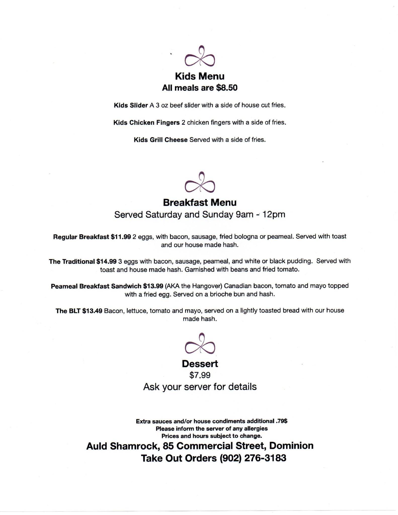 Menu at The Auld Shamrock pub & bar, Dominion