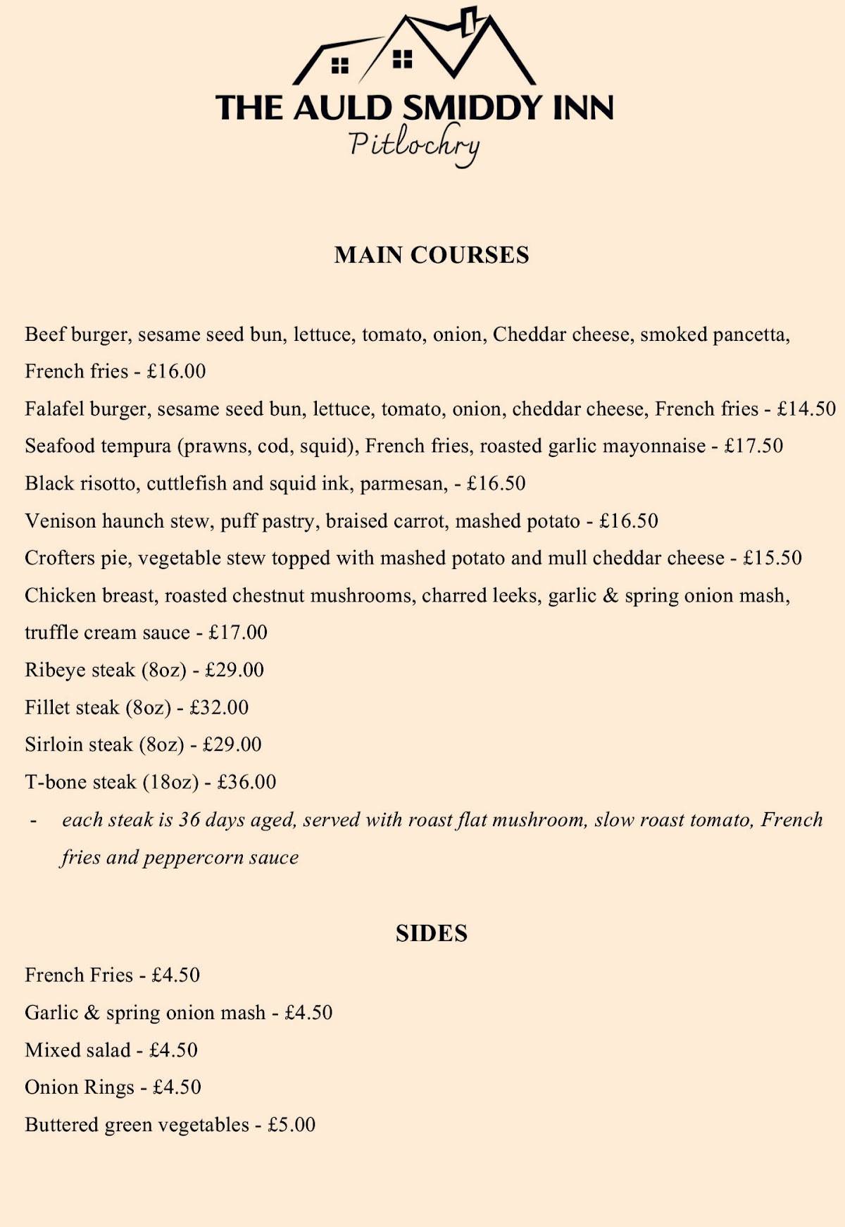 Menu at The Auld Smiddy Inn pub & bar, Pitlochry