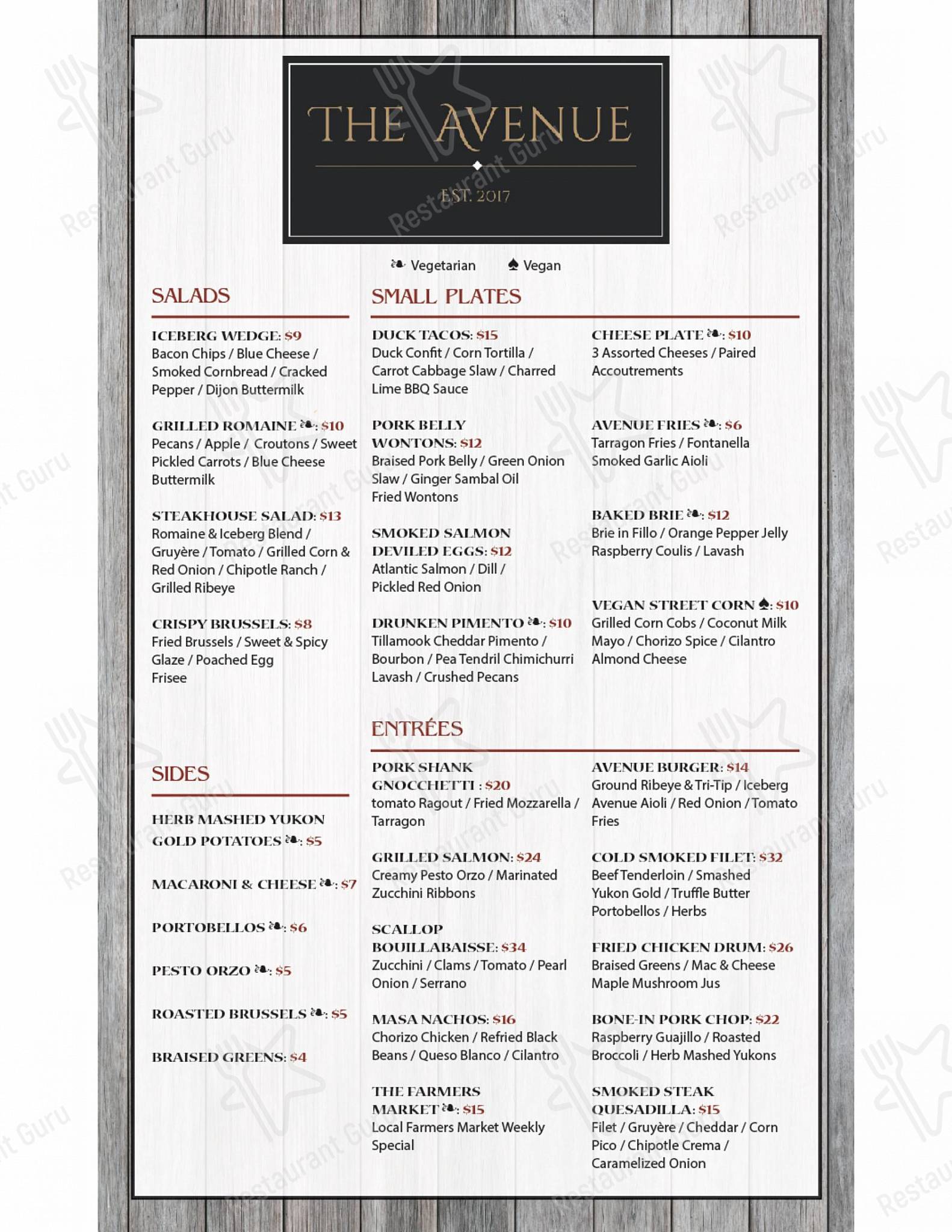 Menu at The Avenue Restaurant At The Waters Hotel, Hot Springs