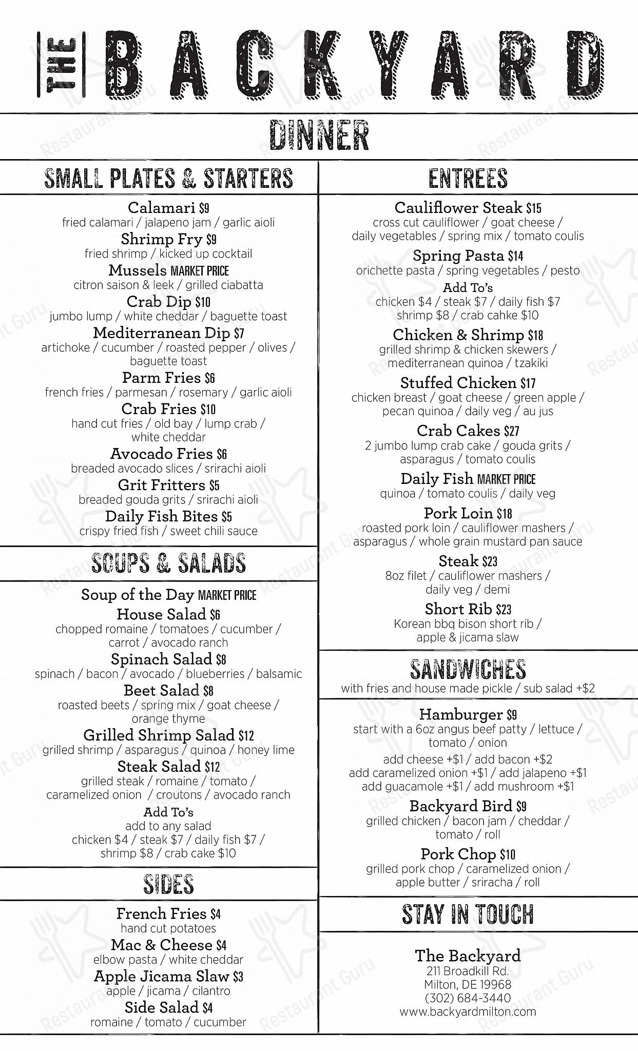 Menu at The Backyard restaurant, Milton