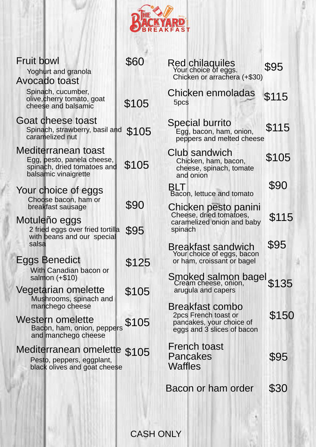 Menu at The Backyard restaurant, Bucerías
