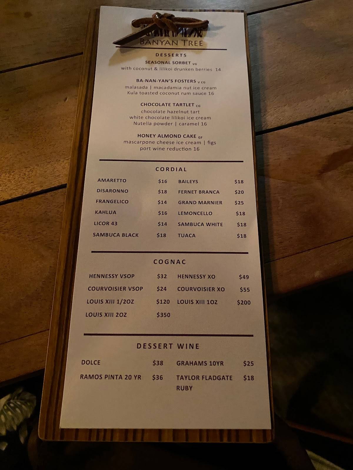 Menu at The Banyan Tree restaurant, Kapalua