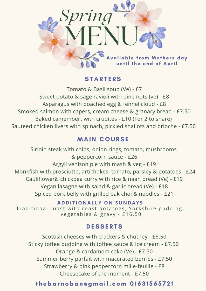 Menu at The Barn Bar, Oban, Cologin Country Chalets and Lodges