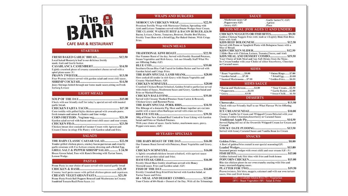 Menu at The Barn, Waimate
