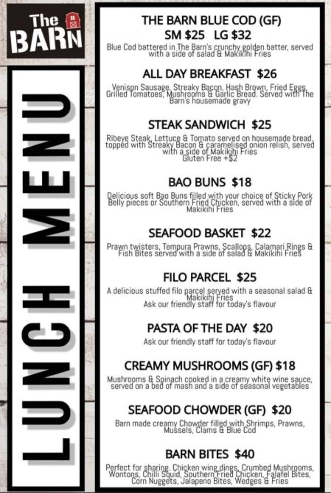 Menu at The Barn, Waimate