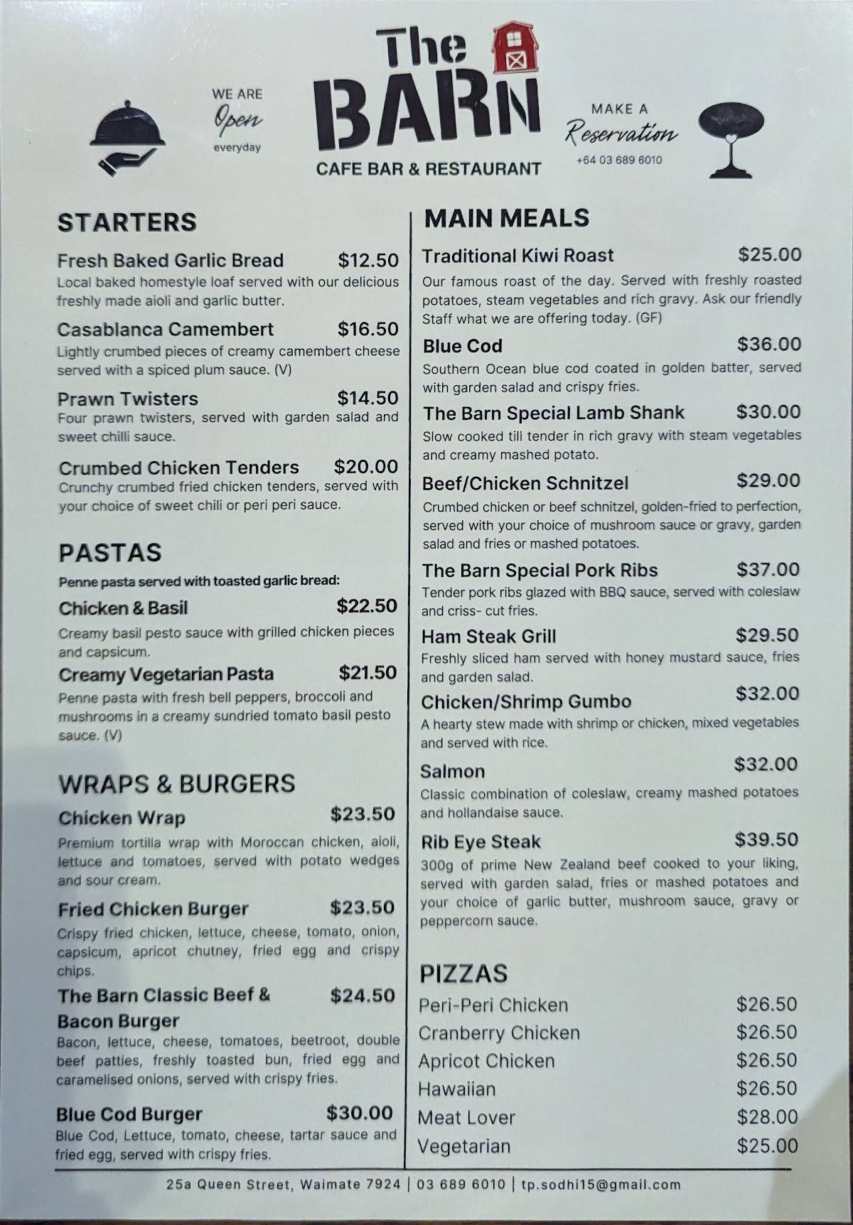 Menu at The Barn, Waimate