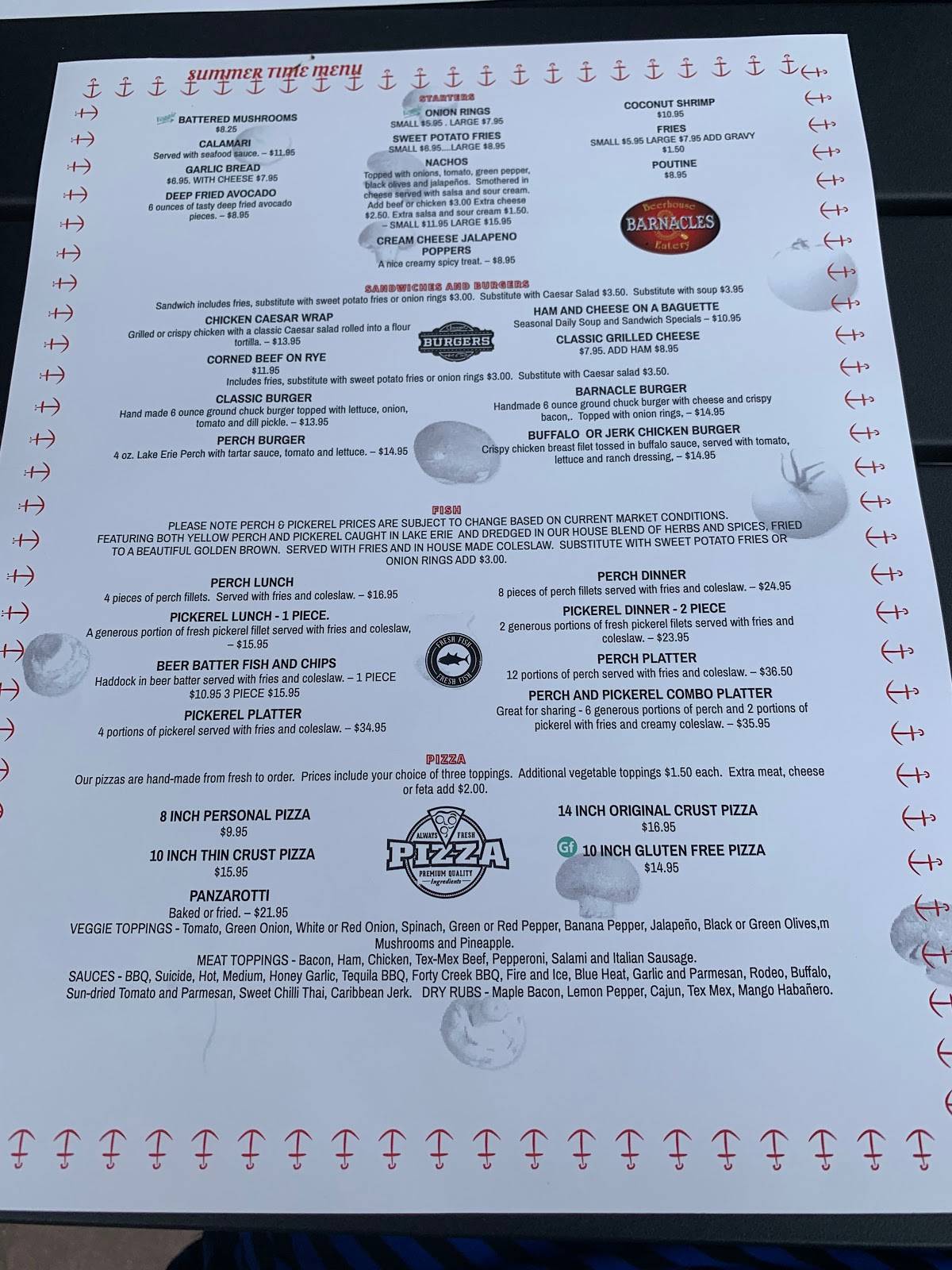 Menu at The Barnacles Beerhouse, Port Stanley