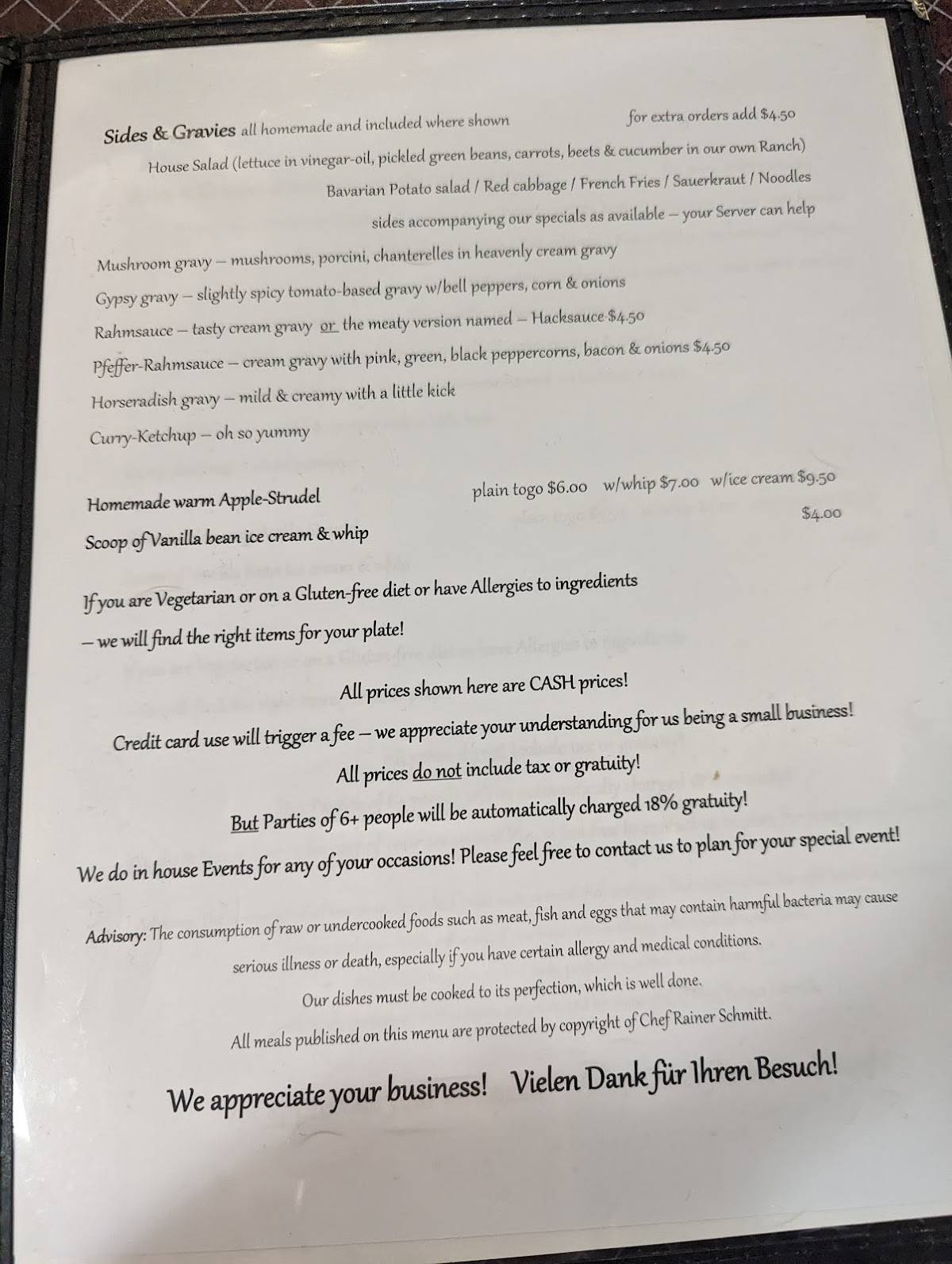 Menu at The Bavarian's Wirtshaus restaurant, Fort Walton Beach