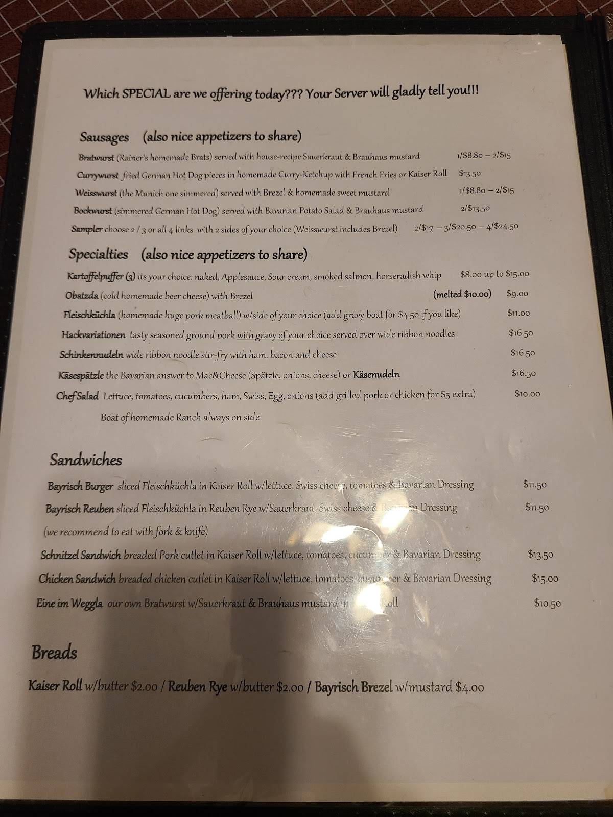 Menu at The Bavarian's Wirtshaus restaurant, Fort Walton Beach