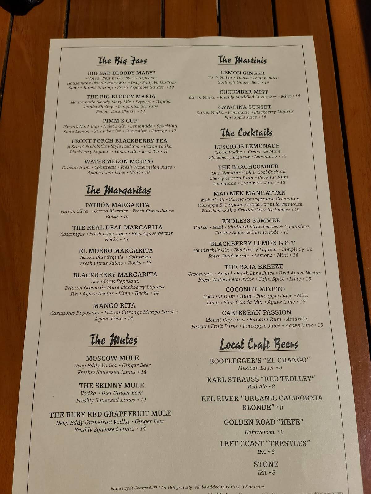 Menu at The Beachcomber at Crystal Cove pub & bar, Newport Beach