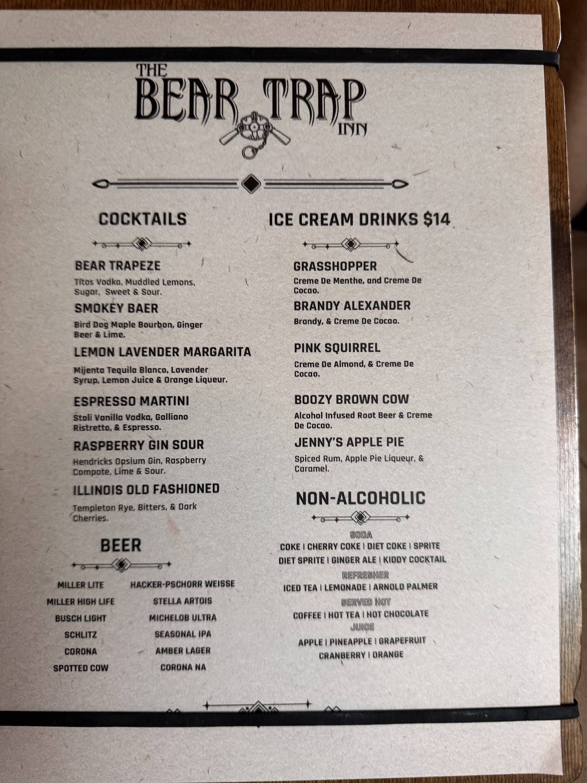 Menu at The Bear Trap Inn restaurant, Land O' Lakes, Co Hwy B