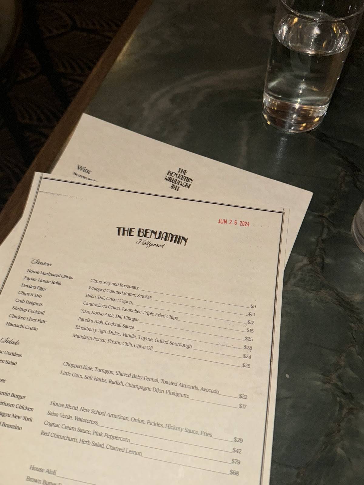 Menu at The Benjamin Hollywood pub & bar, Los Angeles
