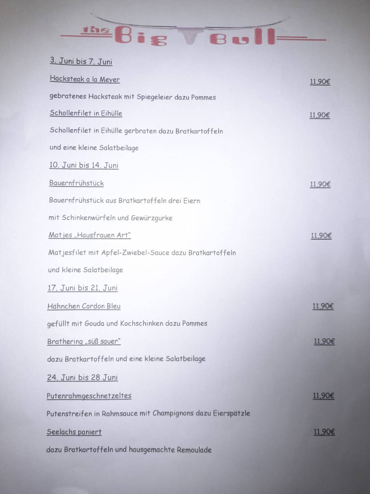Speisekarte von The Big Bull steakhaus, Buxtehude