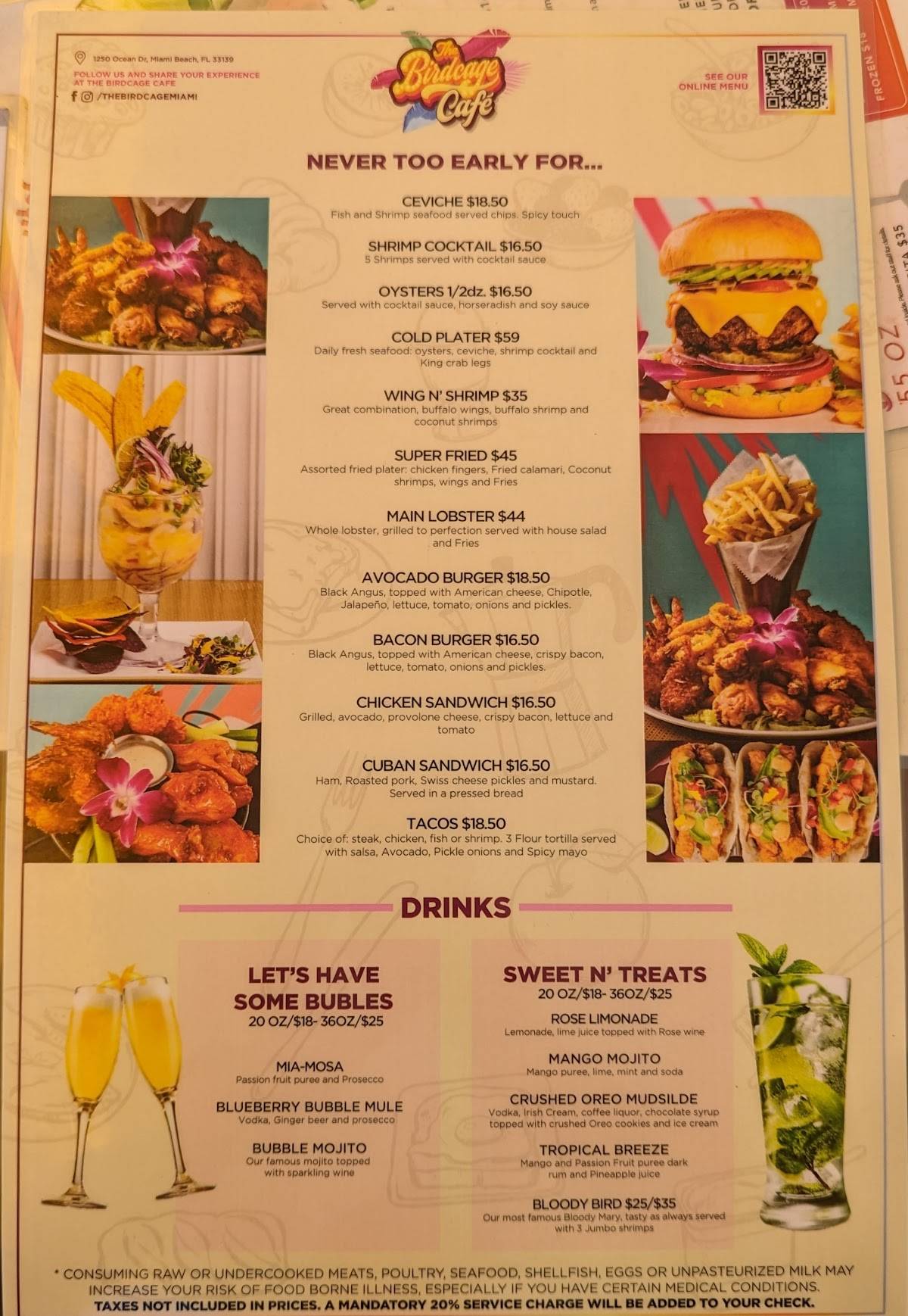 Menu at The Birdcage Cafe, Miami Beach