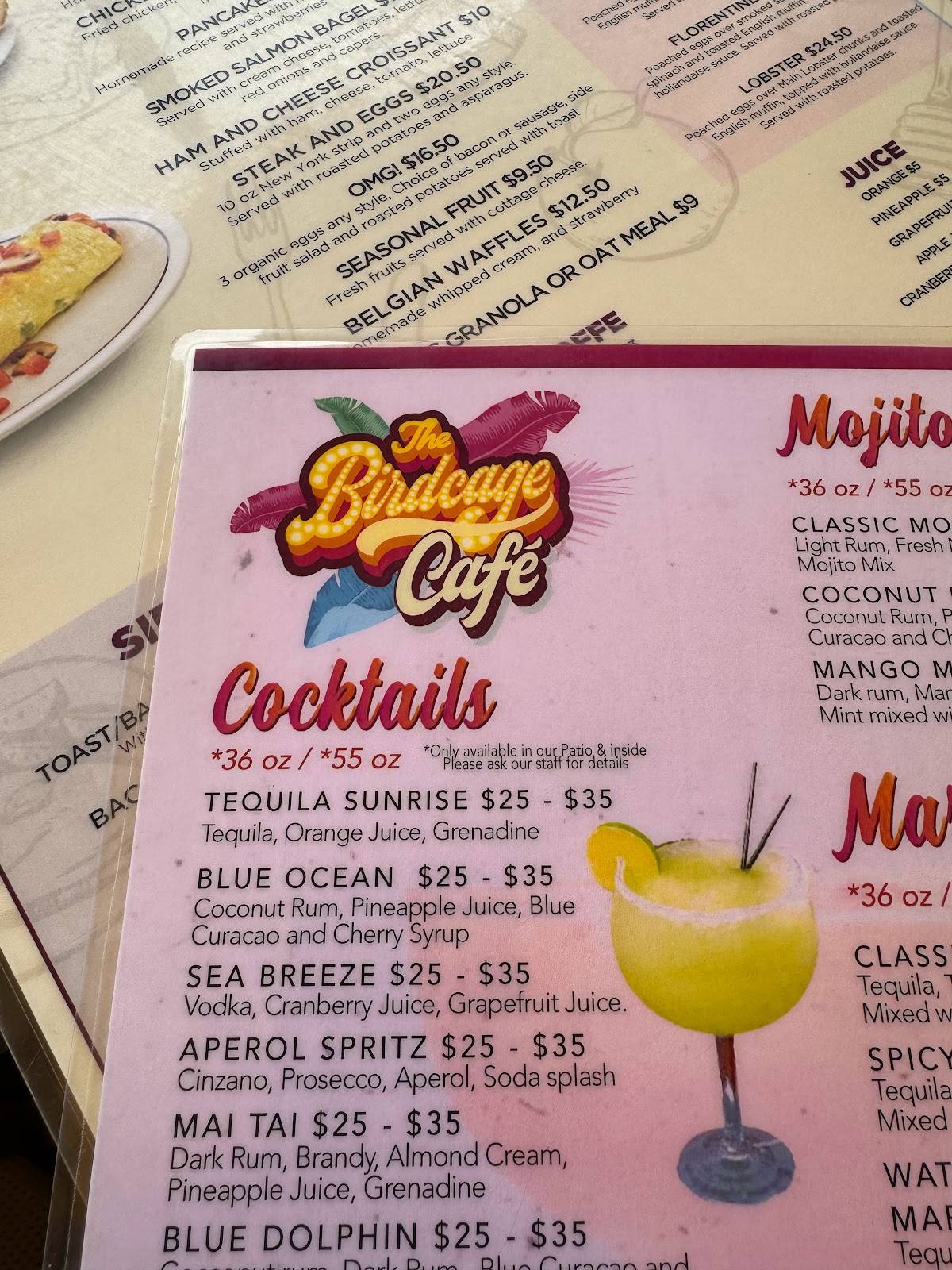 Menu at The Birdcage Cafe, Miami Beach