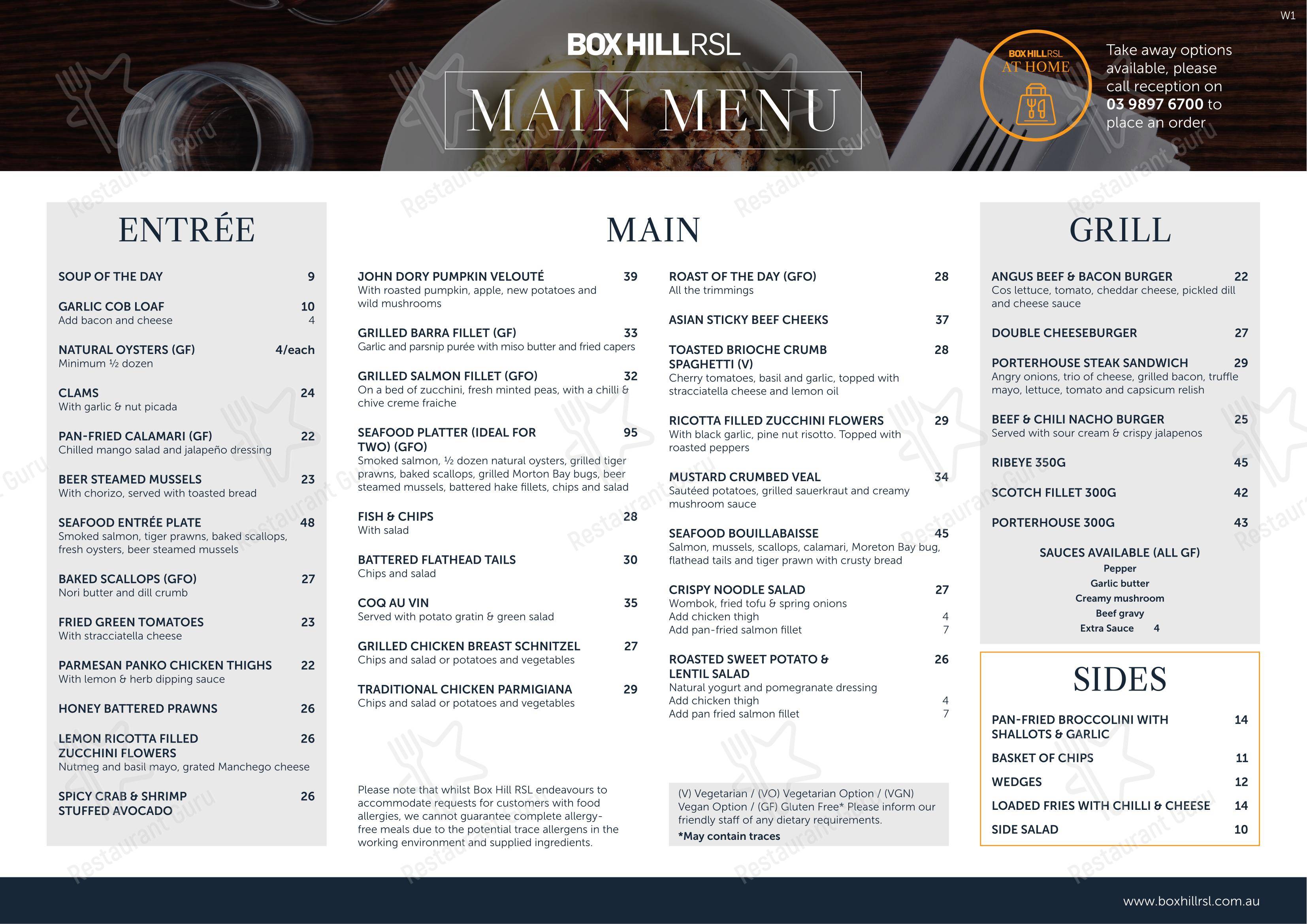 Menu at The Bistro restaurant, Box Hill