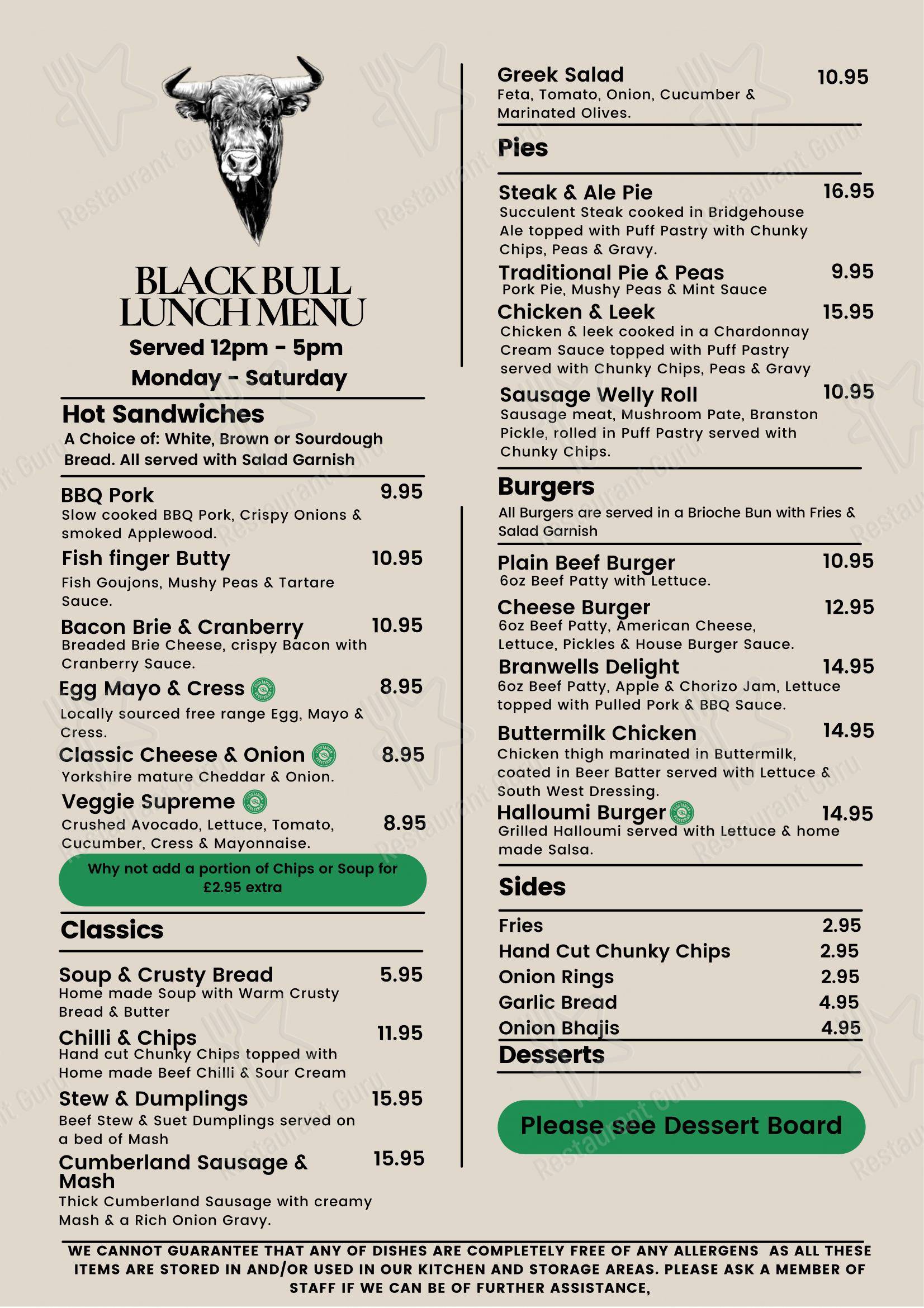 Carta del restaurante The Black Bull Haworth, Keighley