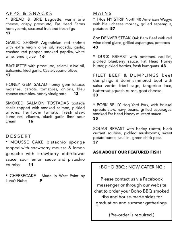 Menu at The Bohemian Duck pub & bar, West Point