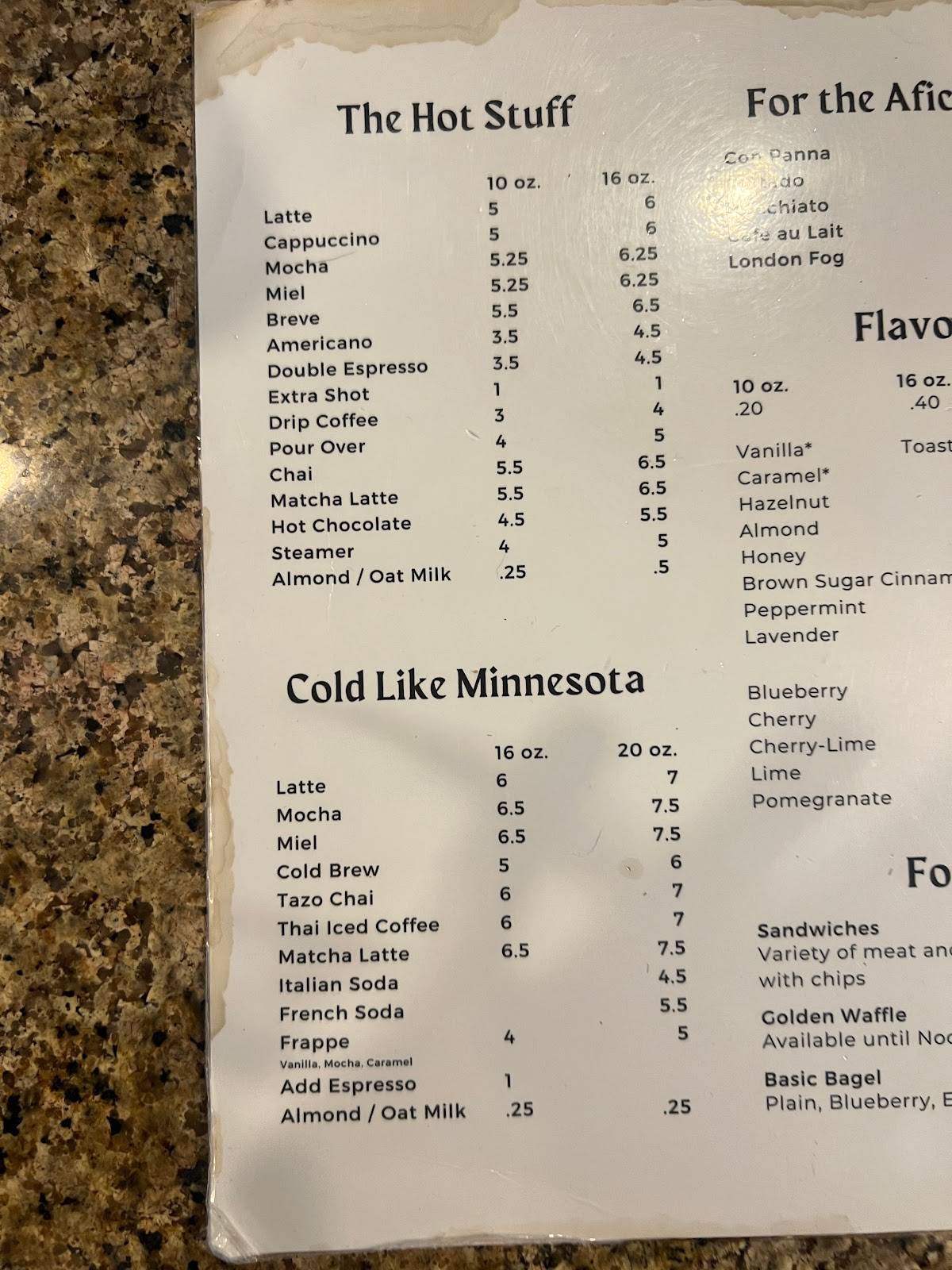 Menu at The Boiler Room cafe, Minneapolis