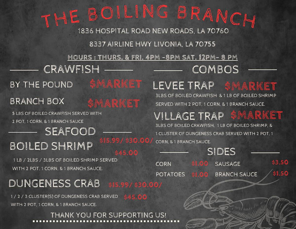 Menu at The Boiling Branch restaurant, New Roads