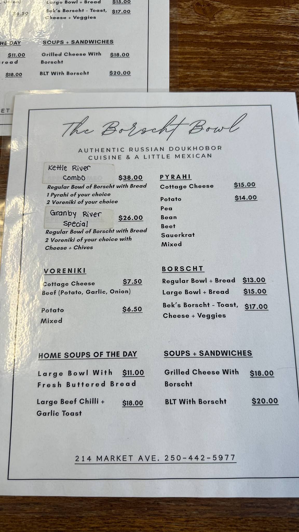 Menu at The Borscht Bowl restaurant, Grand Forks
