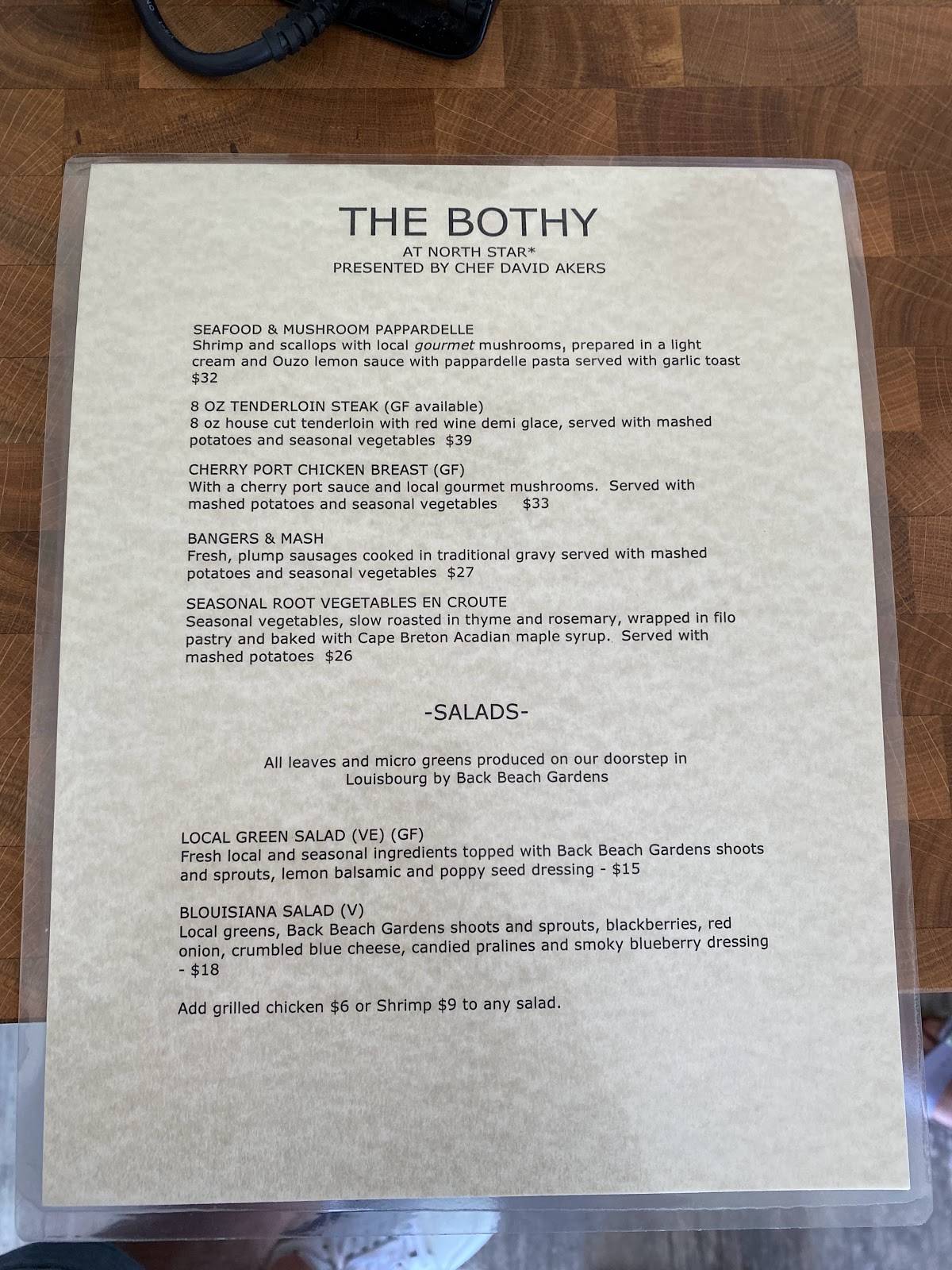 Menu at The Bothy at North star restaurant, Louisbourg