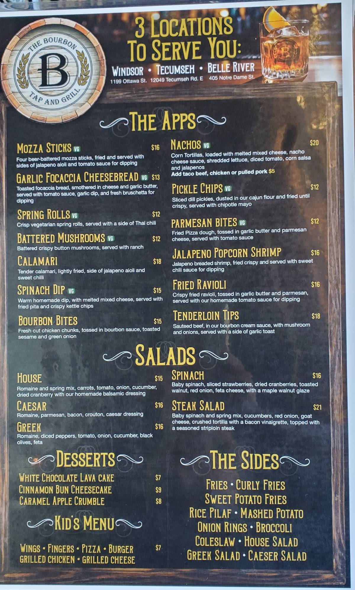 Menu at The Bourbon Tap & Grill Tecumseh restaurant, Windsor