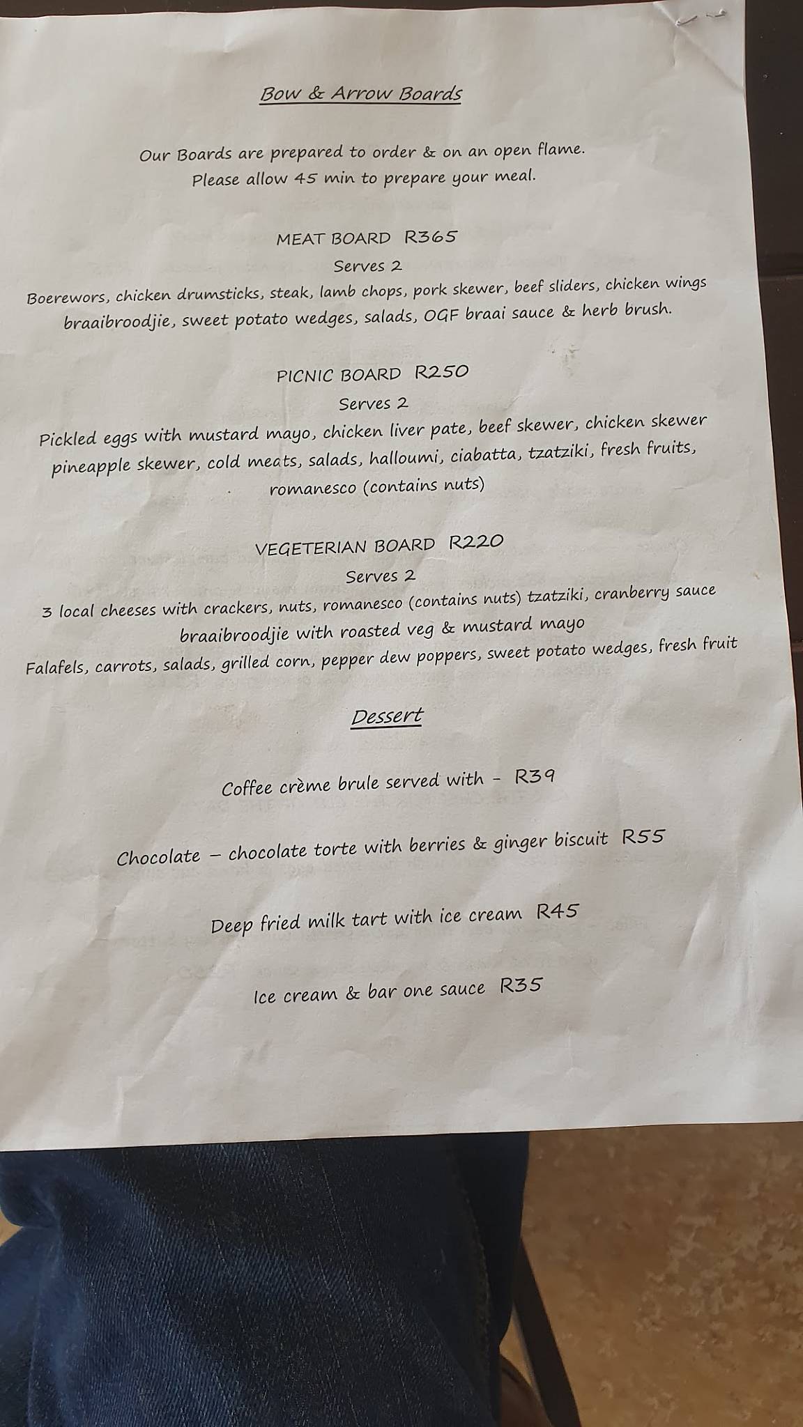 Menu at The Bow and Arrow restaurant, South Africa