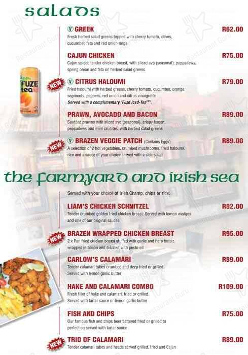 Carta de The Brazen Head Restaurant - Florida Glen, Roodepoort, cnr ...