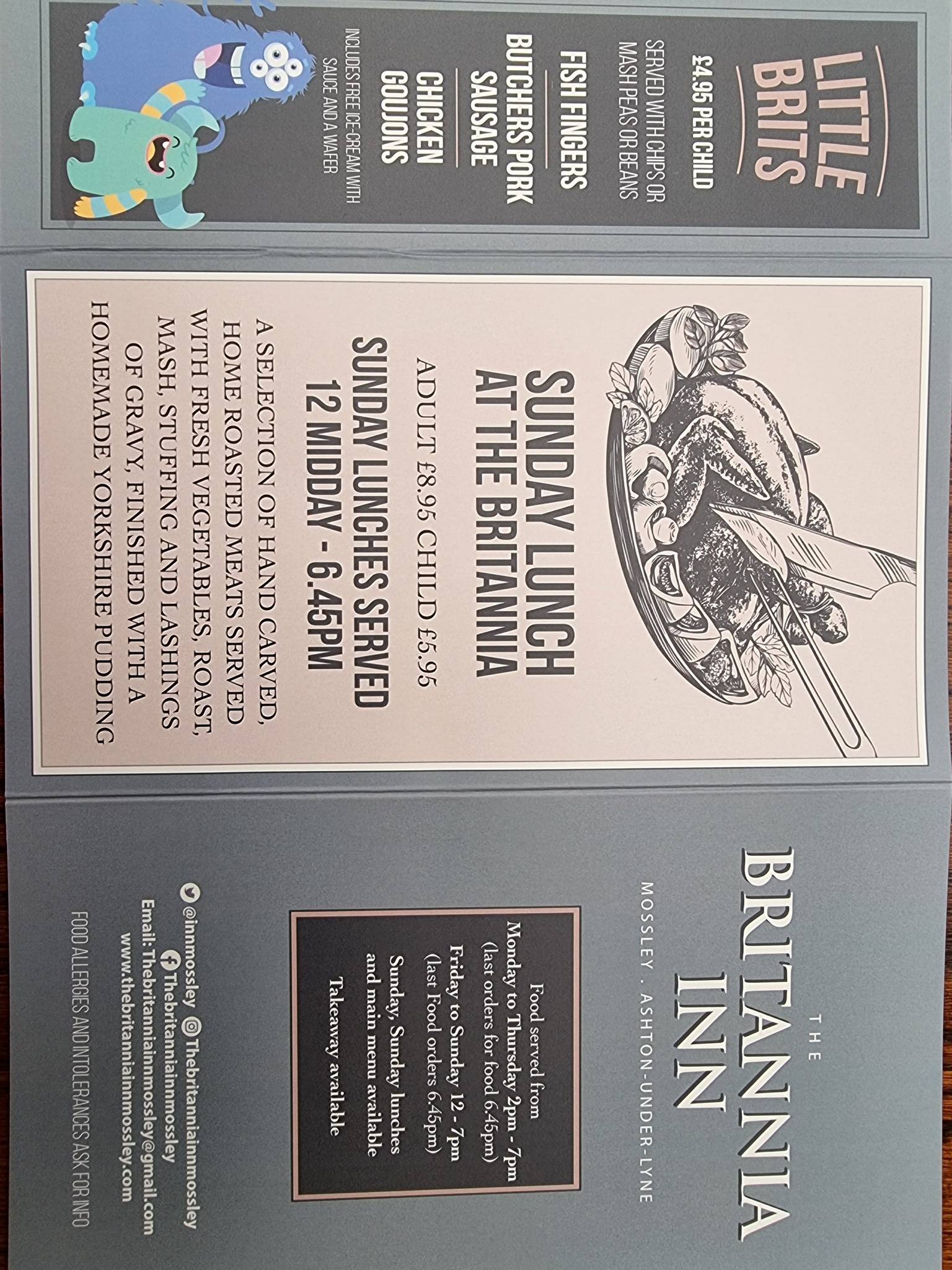 Menu at The Britannia Inn pub & bar, Ashton-under-Lyne