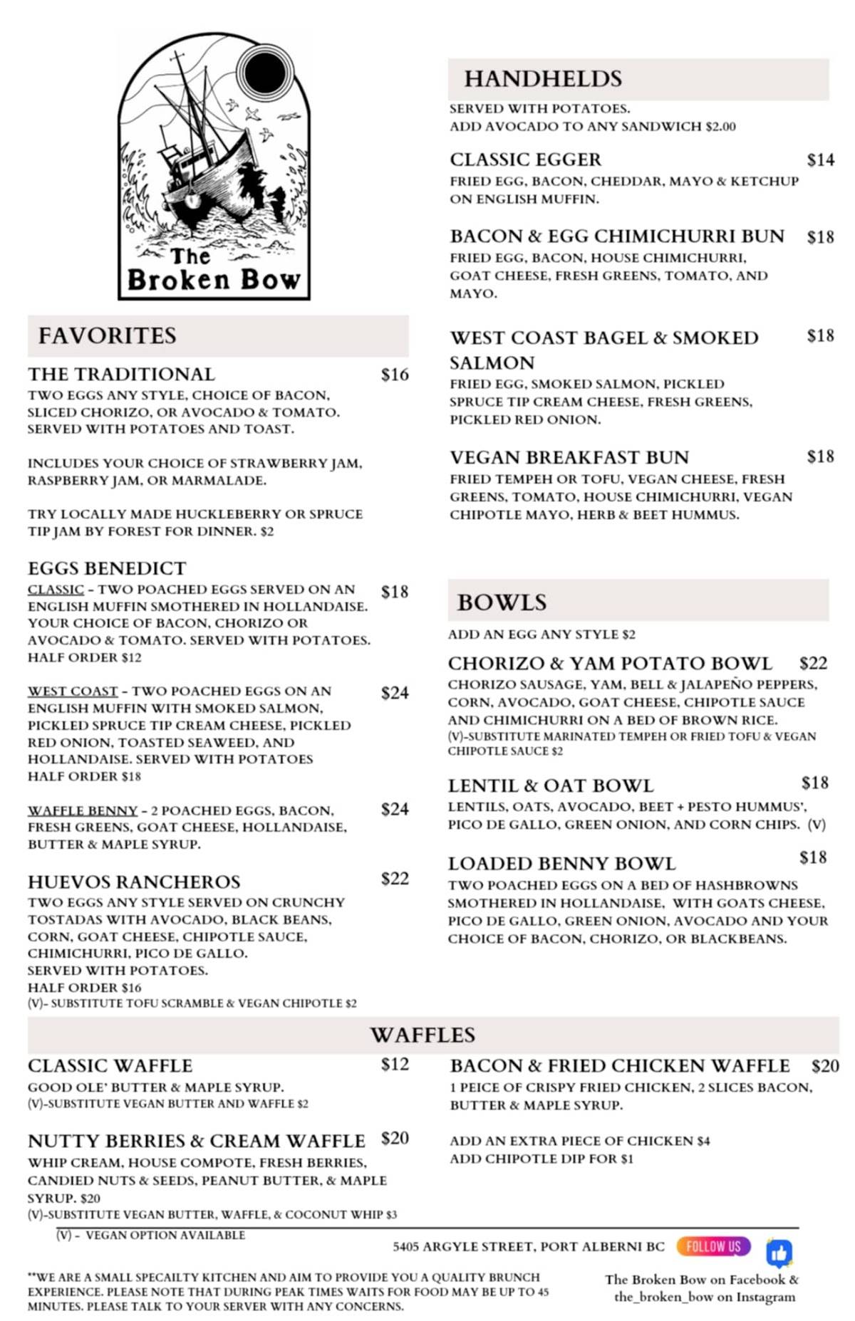 Menu at The Broken Bow restaurant, Port Alberni