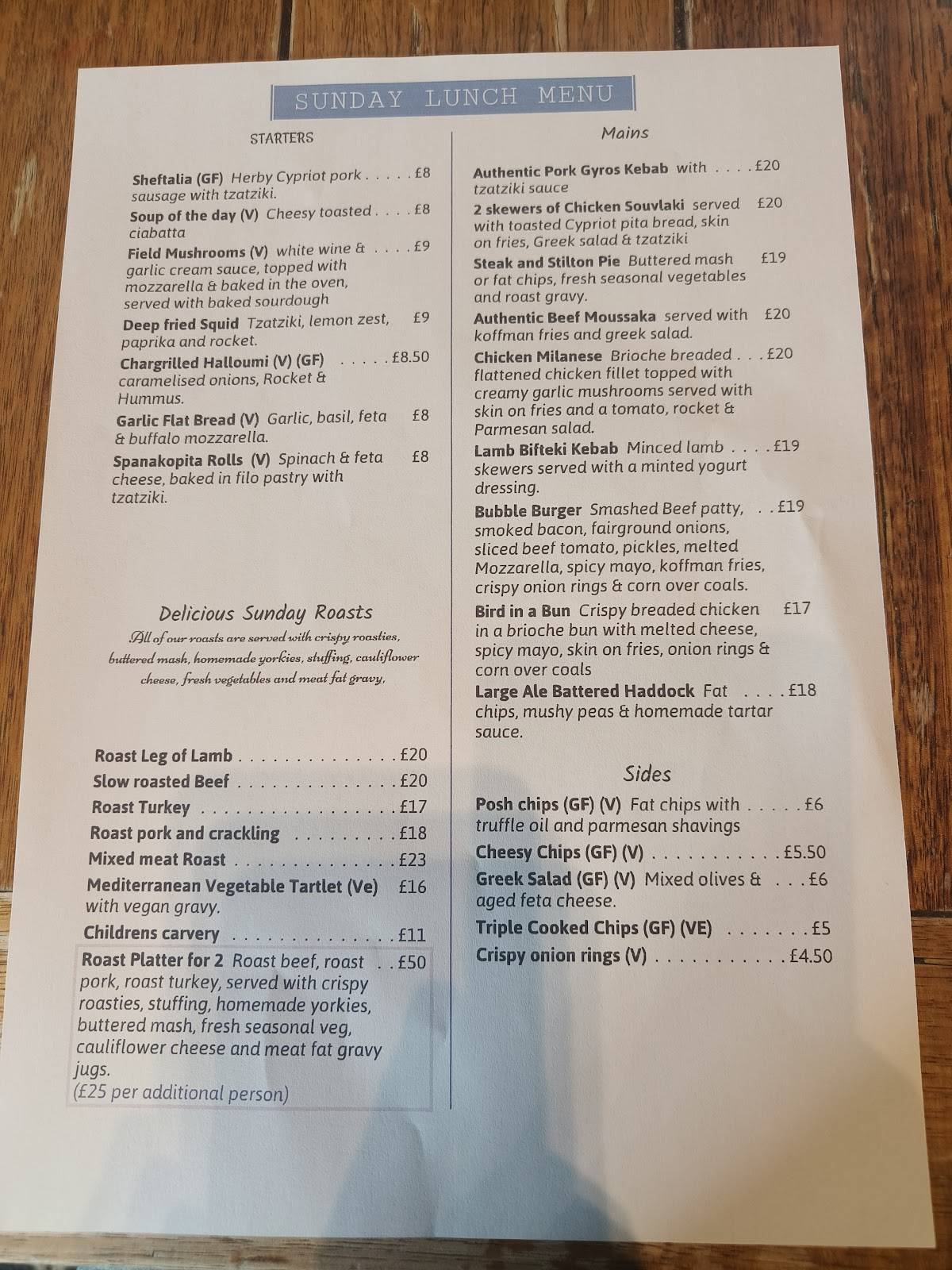 Menu at The Bubble Inn pub & bar, Derby