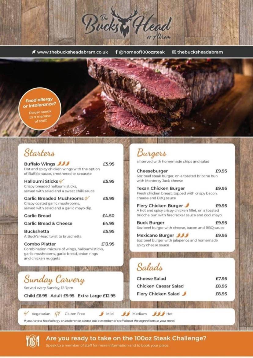 Menu at The Bucks Head Abram pub & bar, Wigan
