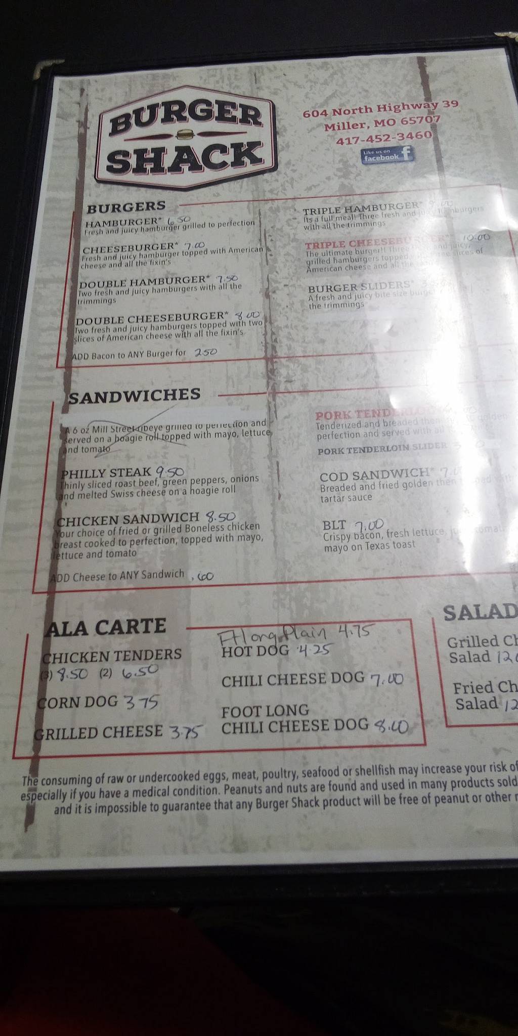 Menu at The Burger Shack fast food, Miller